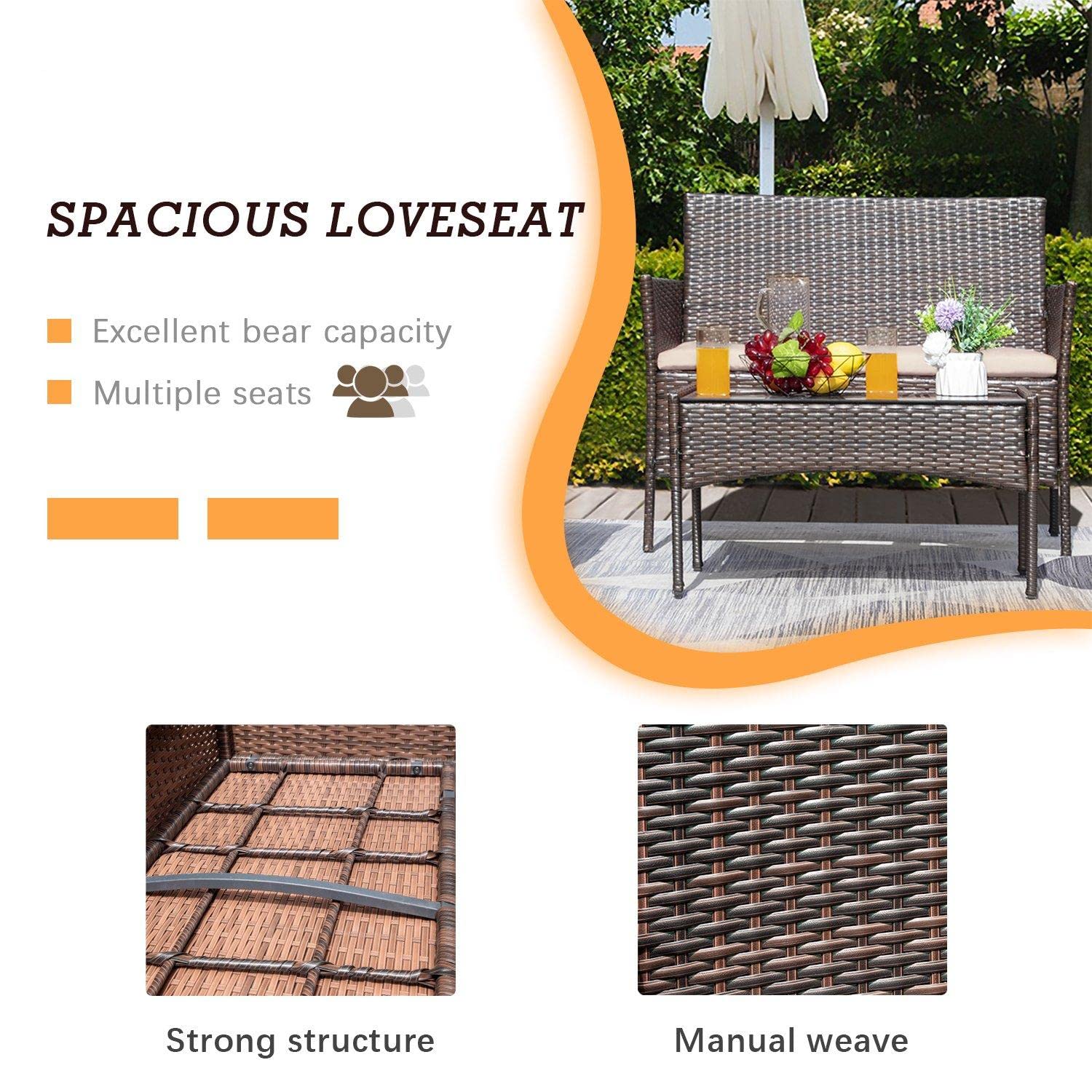 Flamaker Outdoor Furniture Patio Set Cushioned PE Wicker Rattan Chairs with Coffee Table 4 PCS for Garden Poolside Porch Backyard Lawn Balcony Use (Brown&Beige)