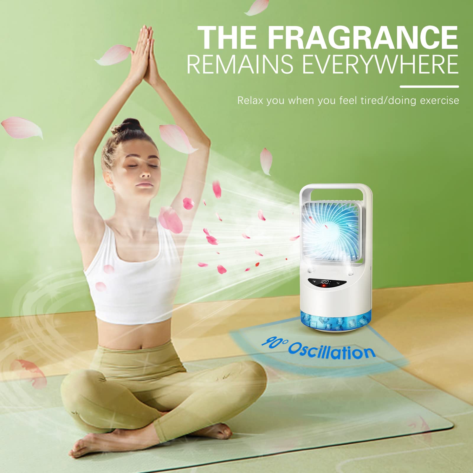 Portable Air Conditioner Fan, Rechargeable Evaporative Air Cooler, Personal Air Cooler Humidifier with 3-Speed, 90° Oscillating, 7 Colors Light, Aroma Discs, Desk Cooling Fan for Home Office Camping