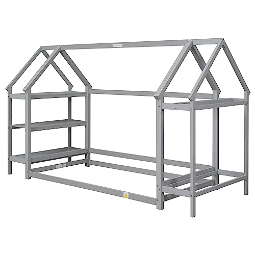 DEYOBED Gray Twin House Floor Bed with 2 Removable Stands - Unique House Design for Kids
