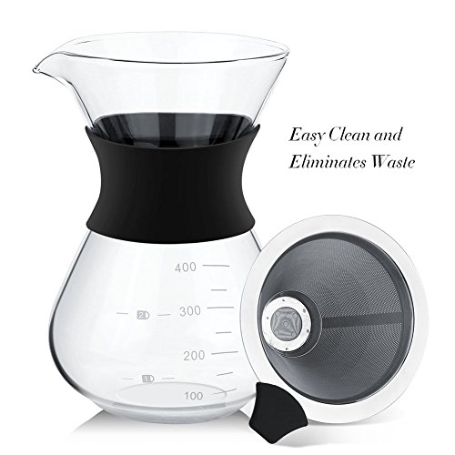 Yosoo Coffee Maker Pot, Manual Hand Drip Coffee Maker Glass Pot with Stainless Steel Filter, 400ml