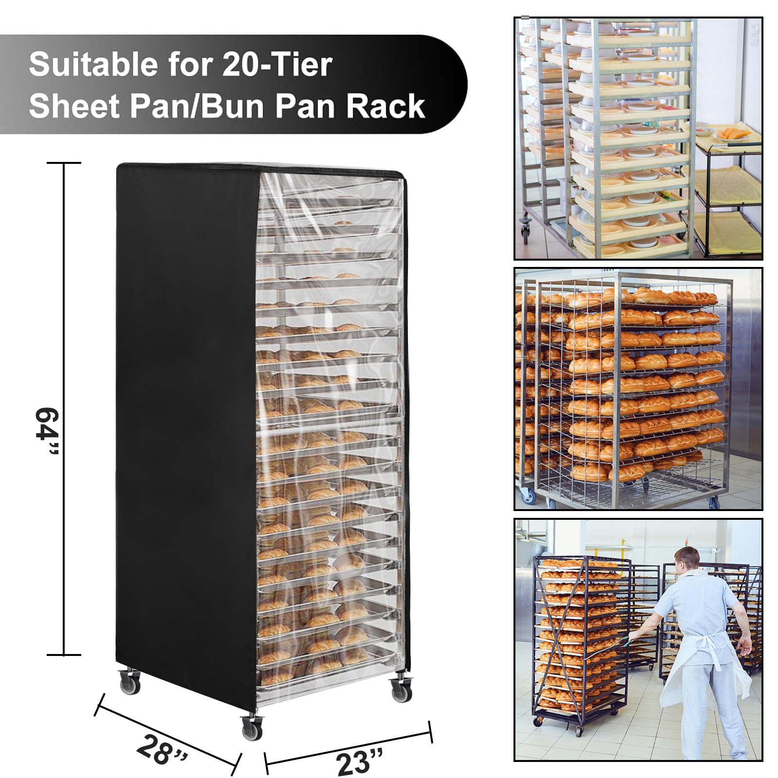 Commercial Bakery Racks Cover Bread Rack Cover with Zipper, 20tier Sheet Pan Rack/Bun Pan Rack Cover with Vents ,23"X28"X64" Bakery Single Rack Covers Waterproof and Dustproof,Black