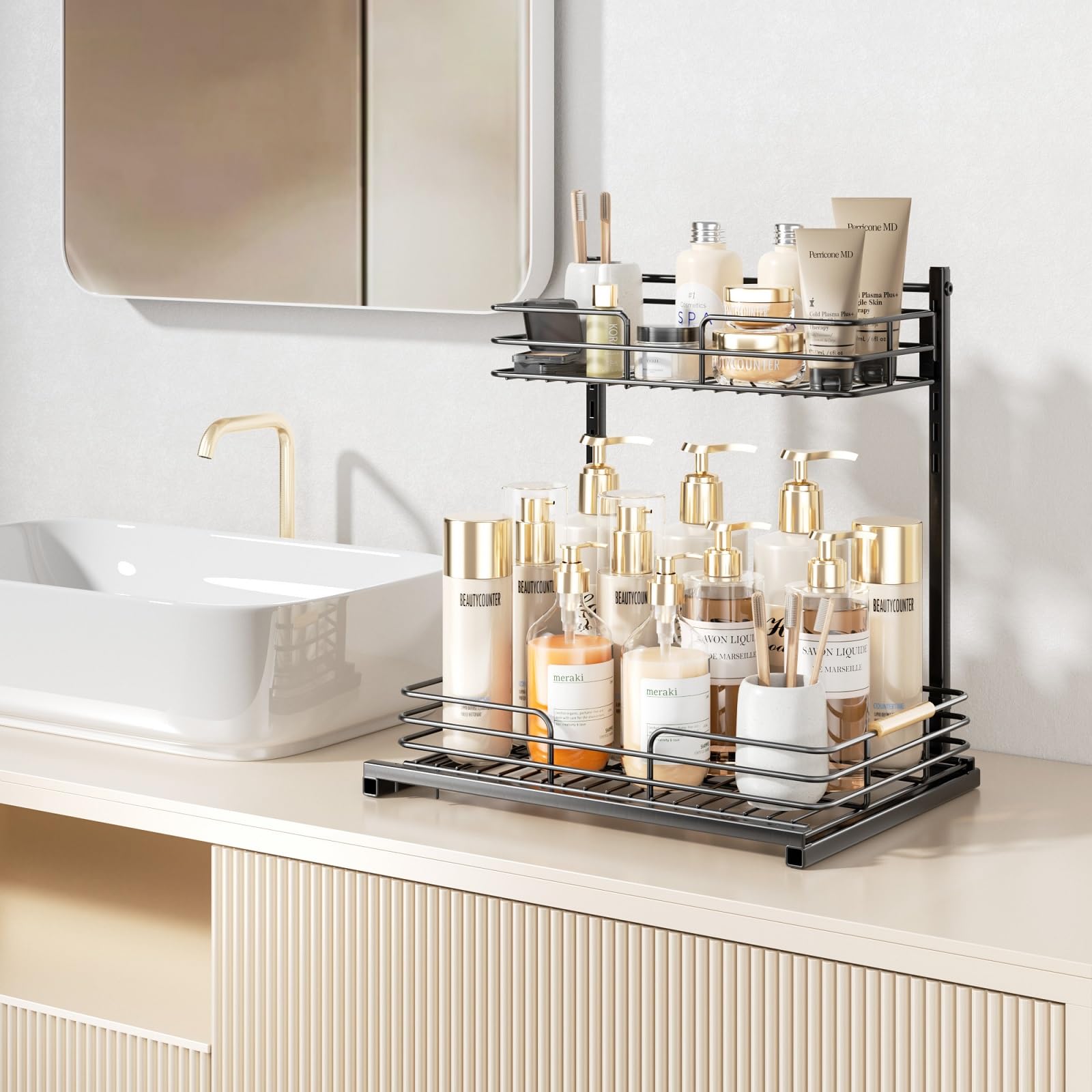 Delamu Under Sink Organizers and Storage, 2 Pack Under Kitchen Sink Organizer, Height Adjustable Bathroom Cabinet Organizer, Pull out Under Cabinet Organizer and Storage, Black
