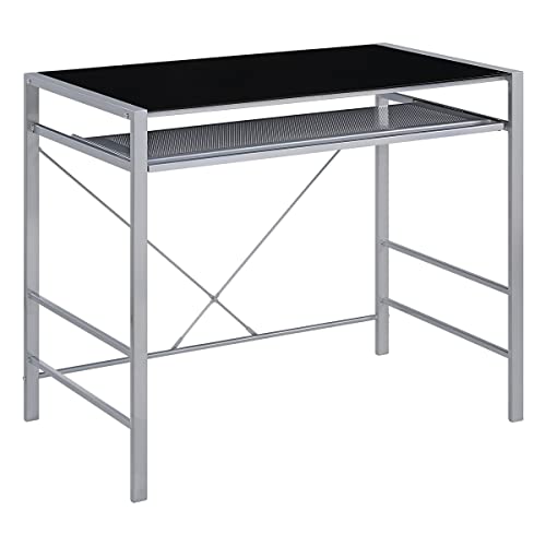 OSP Home Furnishings Zephyr Computer Desk with Keyboard Shelf and Tempered Glass Top, Black Glass and Silver Frame