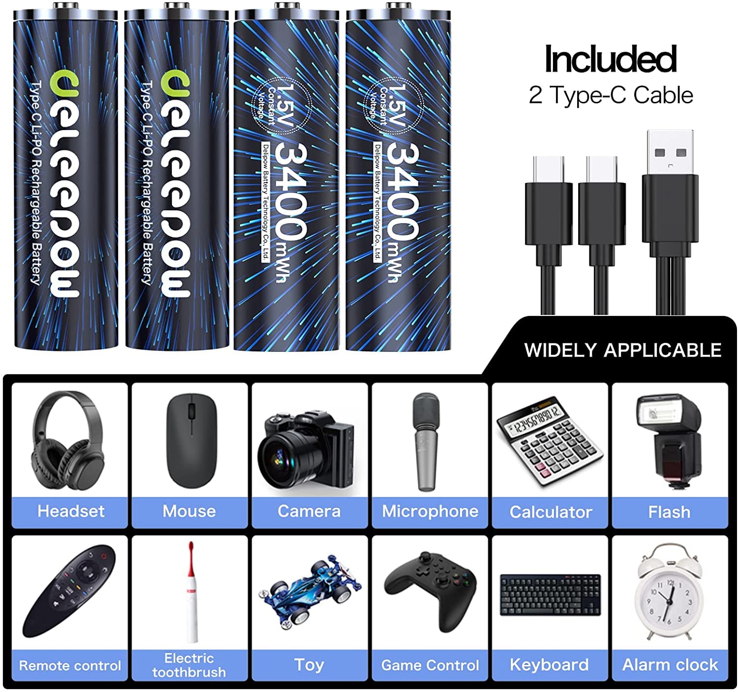 Deleepow USB Rechargeable AAA Batteries 1.5V 1200mWh Lithium AA Batteries 1500 Cycles Triple A Batteries 4-Pack