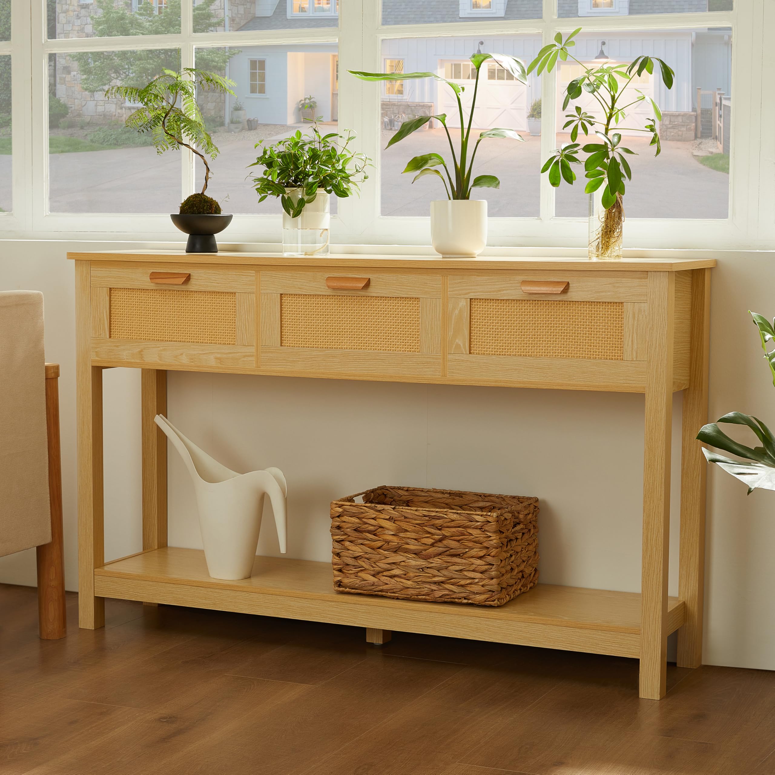 Chilihom Rattan Console Table with 3 Drawers, Boho Entryway Table with Storage, Narrow Long Sofa Table with Open Shelf, Foyer Table Hallway Table Behind Couch Table for Living Room, Natural Wood