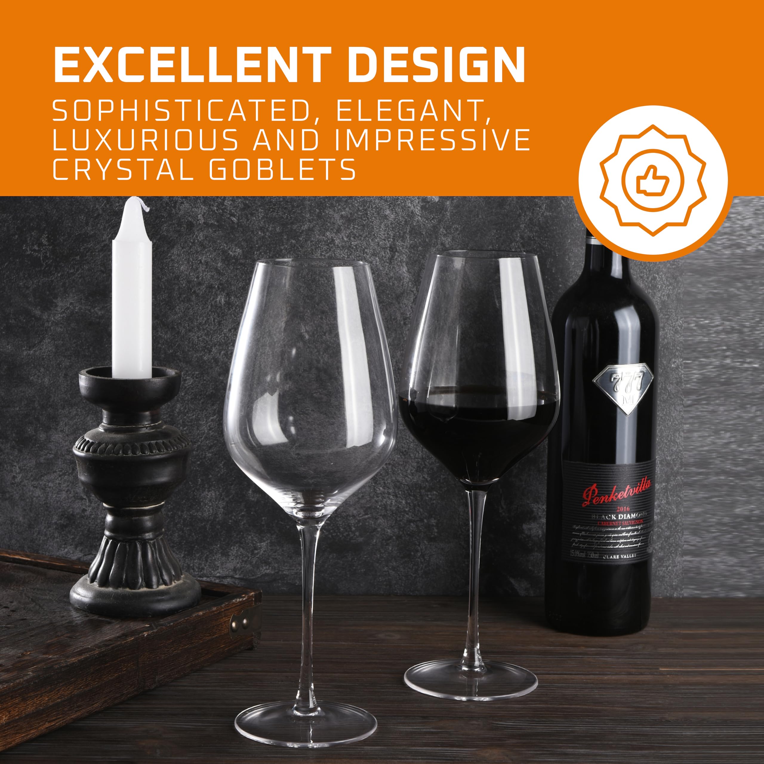 Bruntmor Hand Blown Cabernet Sauvignon Wine & Champagne Glasses Set of 2 - Crystal Red Wine Glass with Stems - Large Size & Break Resistant - For Red & White Wine, Champagne Mothers Day Gifts