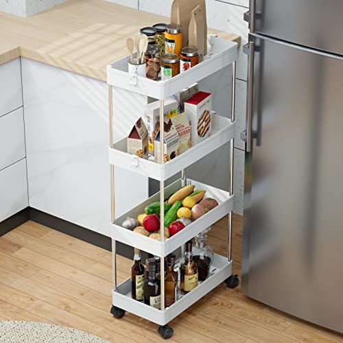 OTK Storage Cart 4 Tier Mobile Shelving Unit Organizer, Utility Rolling Shelf Cart with Wheels for Bathroom Kitchen Bedroom Office Laundry Narrow Places, White