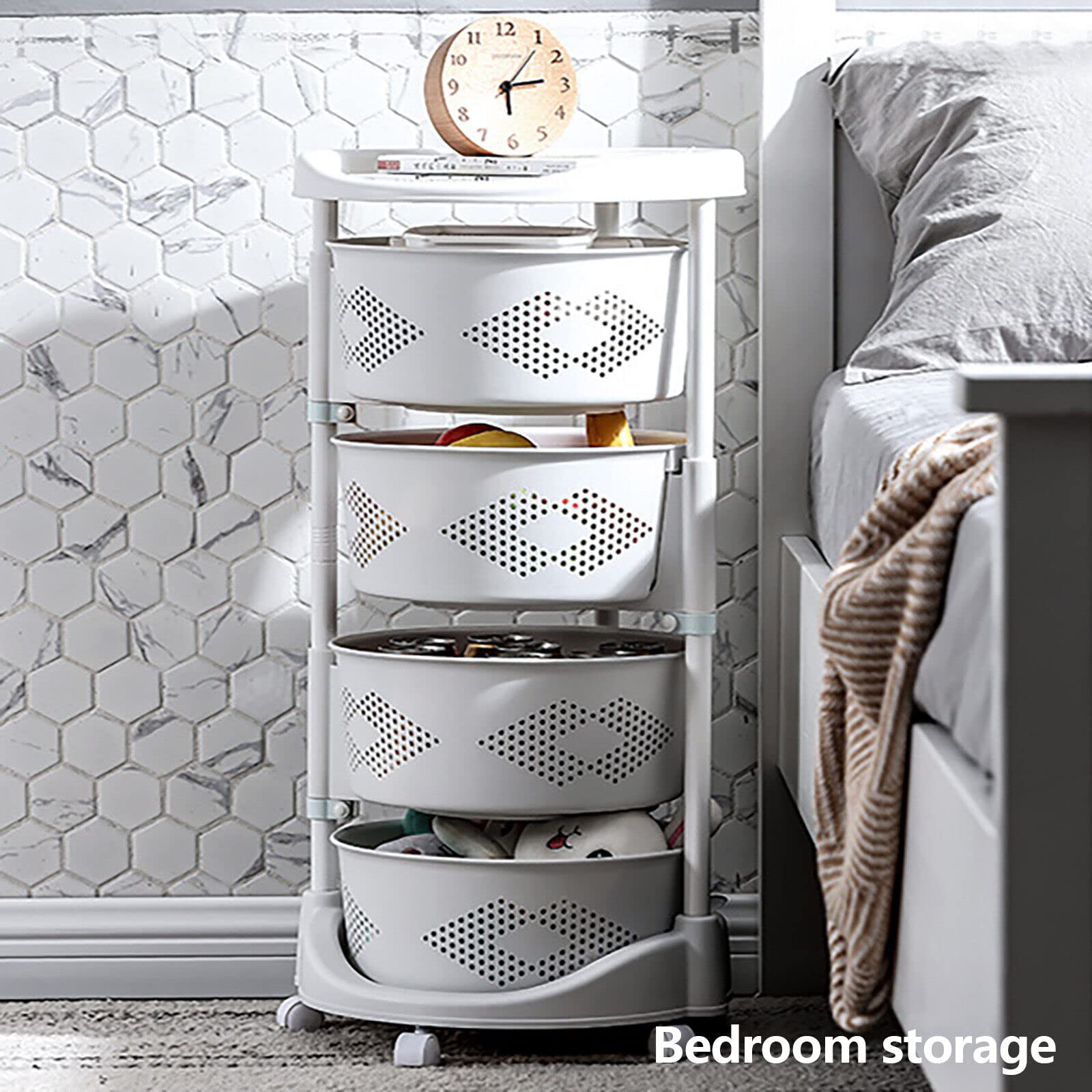 BounceyCart 4 Tiers Rotating Storage Shelves Rack, Removable Basket Shelf Organizer on Rolling Wheels for Fruit Vegetable Snack Household Storage Rack