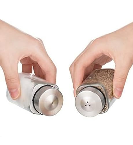 J&M Design Salt And Pepper Shakers Set Glass Bottle Stainless Steel Lid For Kitchen Tabletop Spice Seasoning Or Travel Set Of 2 Refillable Jar Dispenser Container Shaker