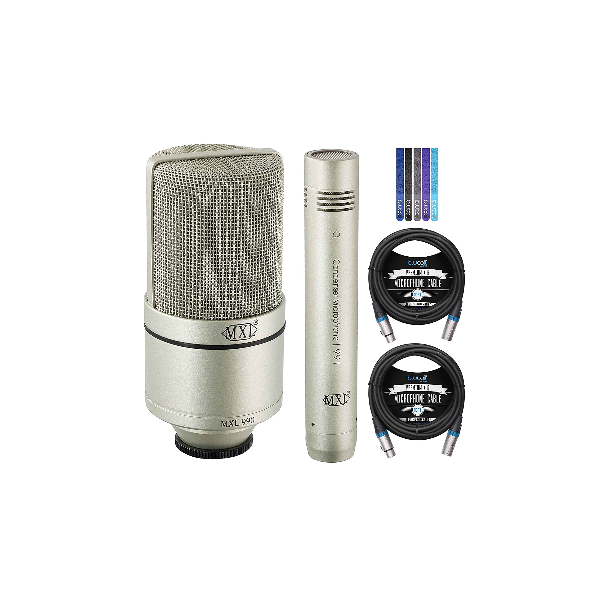 blucoil MXL 990/991 Recording Microphone Package Bundle with Hard Mount Mic Stand Adapters, 2-Pack of 10-FT Balanced XLR Cables, and 5-Pack of Reusable Cable Ties