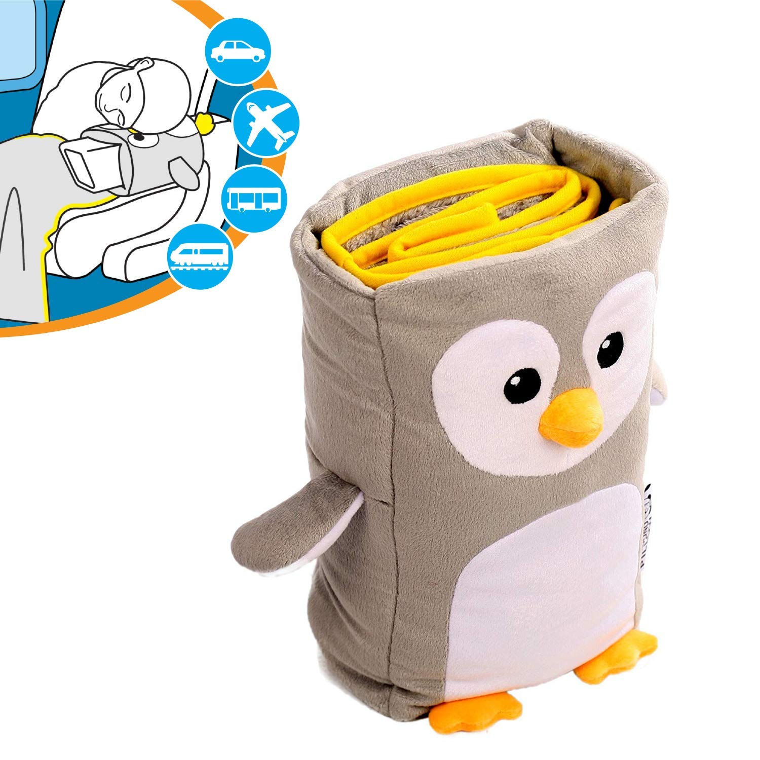 Roamwild Kids Travel Pillow and Travel Blanket Set - 'Tux' Armrest Buddy Transforms Any Armrest Into a Comfy Childs Pillow