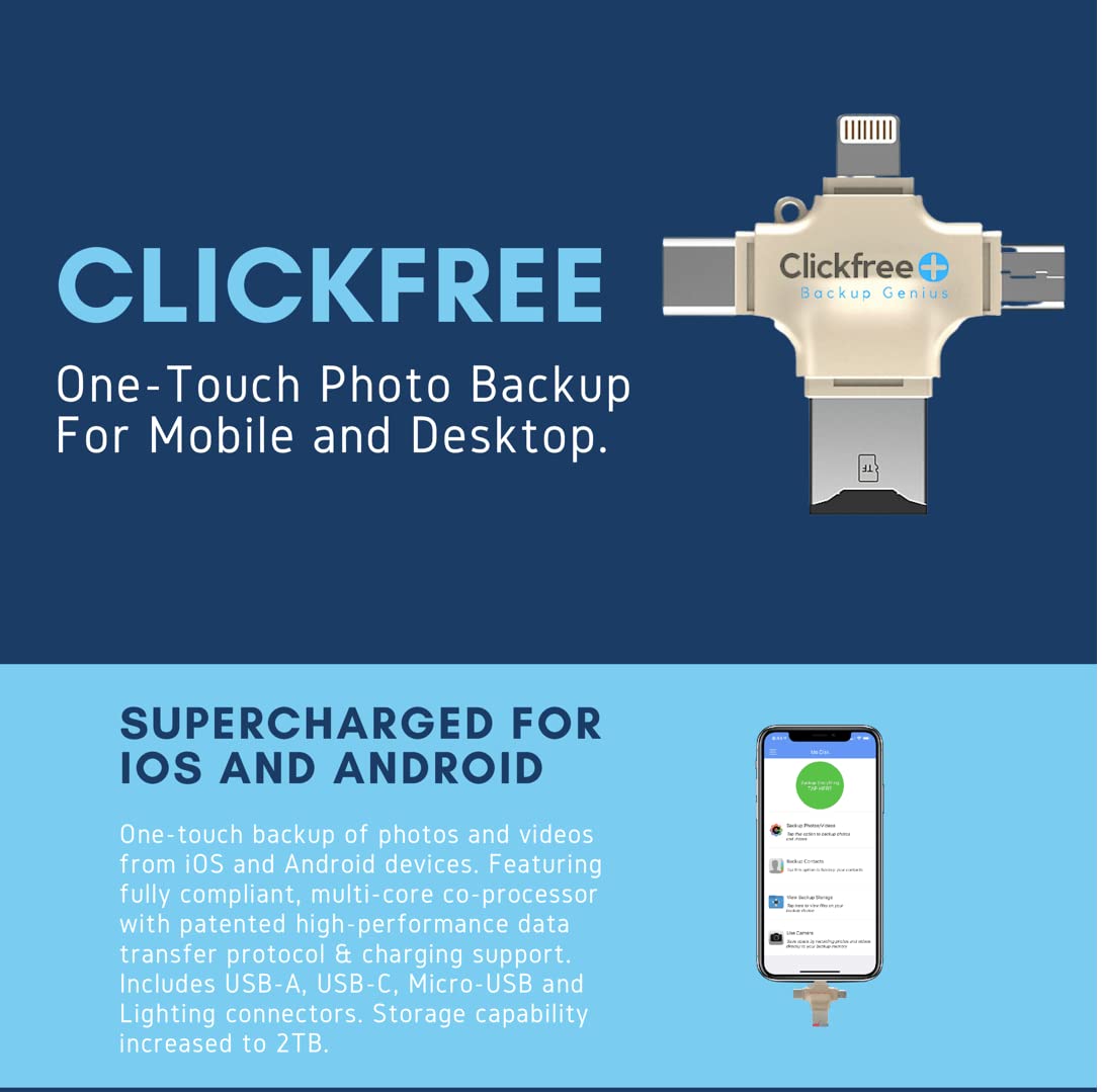 Clickfree™ 512GB USB Photo and Video Saver for Phone/Pad/Mac/PC, High Speed 4-in-1 Universal Phone Flash Drive-Lightning-USB-Photo Stick-External Storage Thumb Drive (Blue Color)
