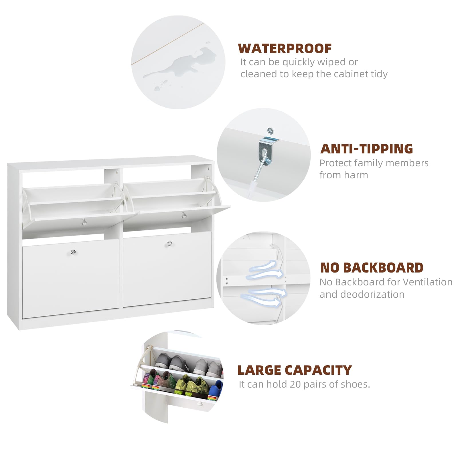 Deipto Shoe Storage Cabinet for Entryway, 3 Tier Wood Shoe Organizer Cabinet with Flip Drawers & Lnduction Led Light, White Narrow Hidden Shoe Rack Cabinet for Front Door Entrance (White, 4-Drawers)