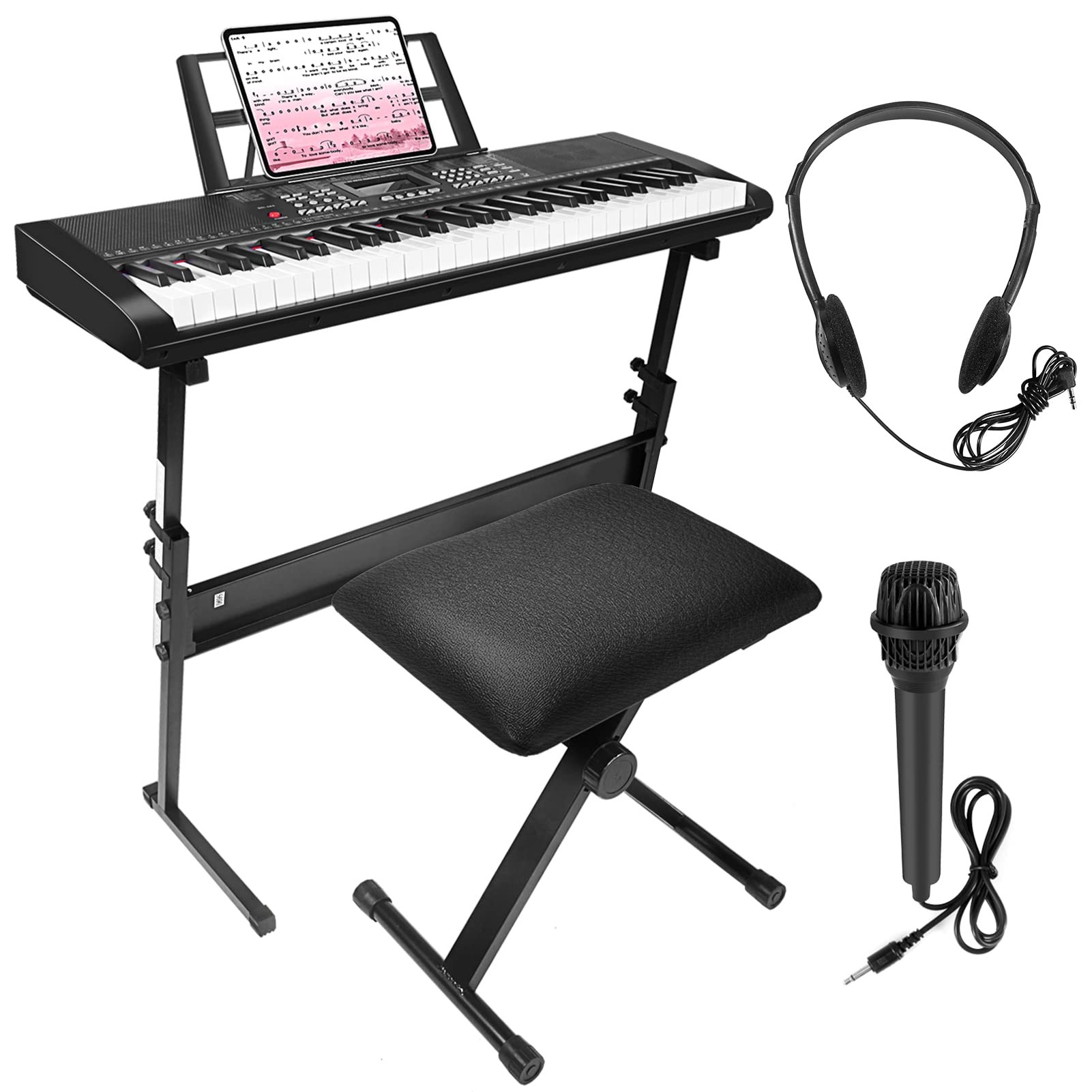 Camide 61 Key Keyboard Piano for Beginners with Speakers, Digital Piano Stand, Bench, Headphones, Microphone, Sticker Sheet and Demo Songs