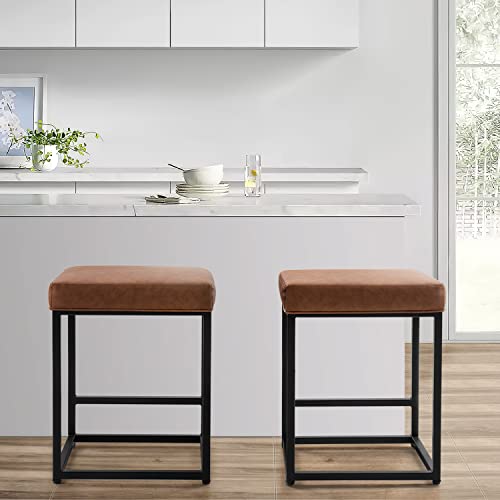 Kemon 24 Inch Bar Stools Set of 2 Modern PU Leather Metal Barstool Backless Kitchen Dining Cafe Stool Counter Height Upholstered Bar Stool with Footrest,Brown