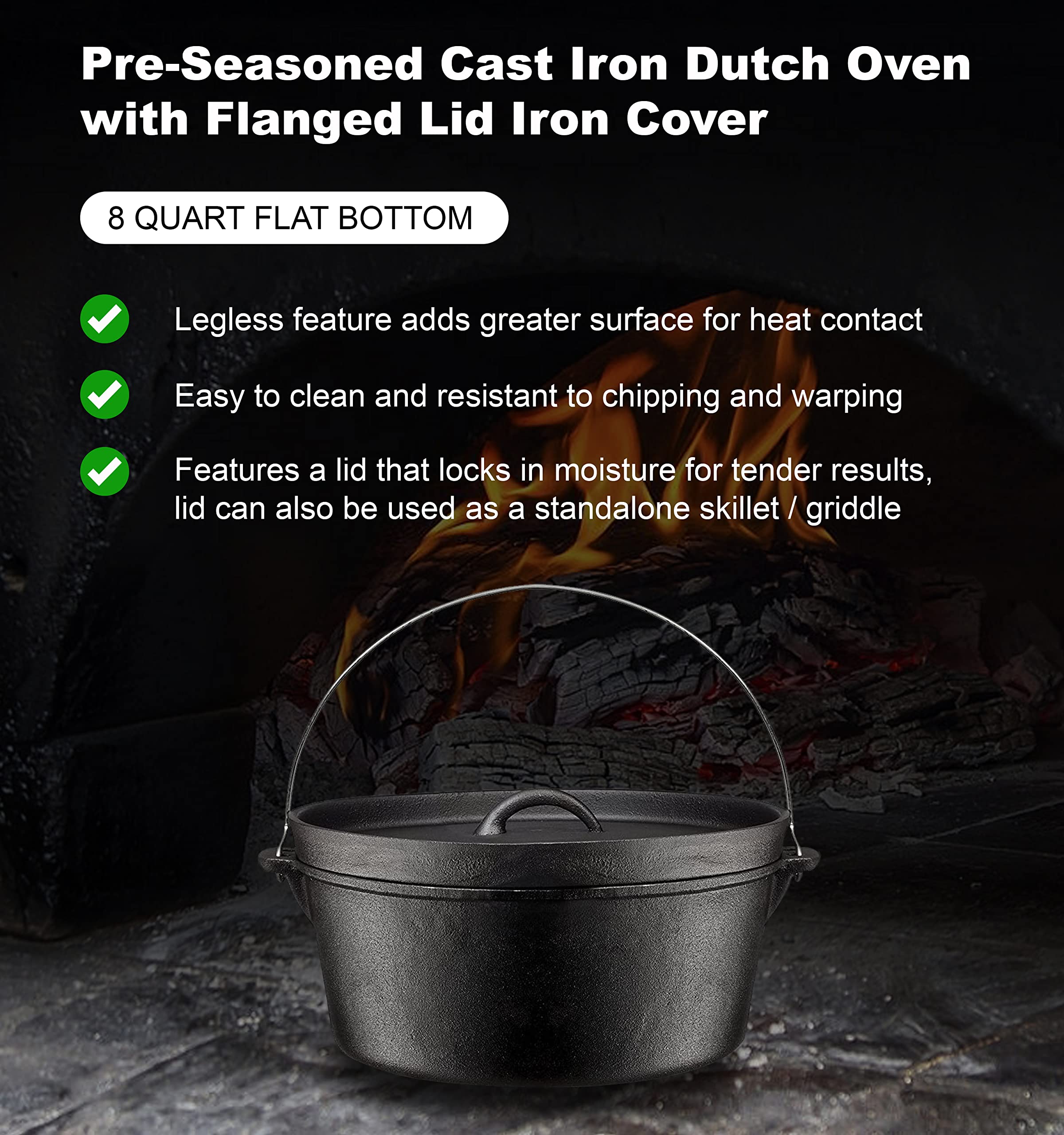 Bruntmor Pre-Seasoned Cast Iron Dutch Oven with Flanged Lid Iron Cover, for Campfire or Fireplace Cooking Pre-Seasoned Camping Cookware Flat Bottom 8 Quart
