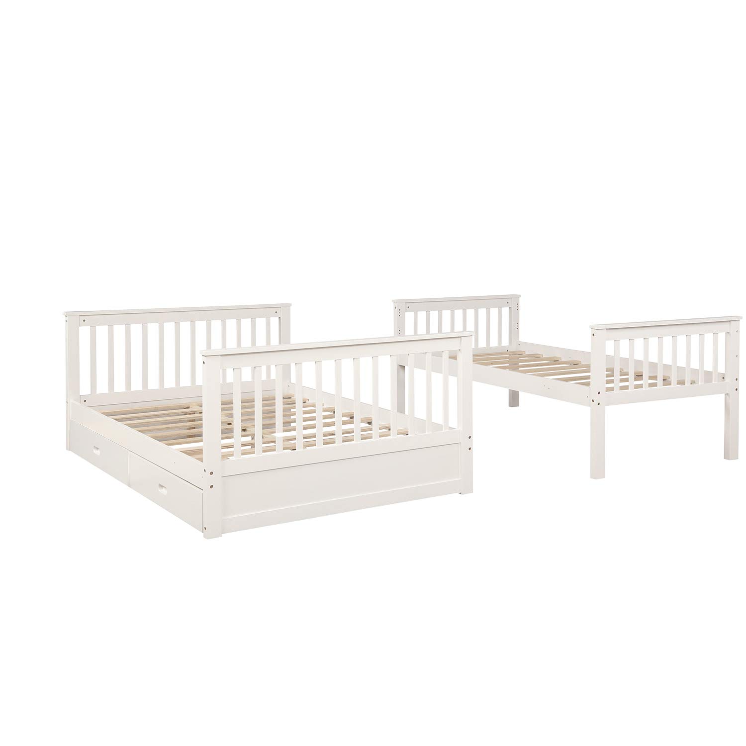 DS-HOMEPORT Twin Over Full Bunk Bed with Two Storage Drawers, Wooden Bunk Beds Frame w/Safety Guardrail & Ladder, Soild Wood Space-Saving Bunkbed for Bedroom Kids Teens Adults(White)