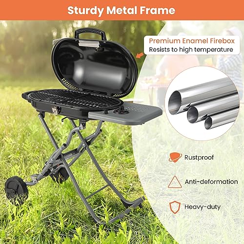 Giantex Gas Grill, Portable Propane Grill with 15,000 BTUs Burner, Side Table, 2 Wheels, Grease Tray, Metal Frame, Folding Stand-Up Propane Gas Grill for Outdoor Cooking Camping Barbecue (Black)