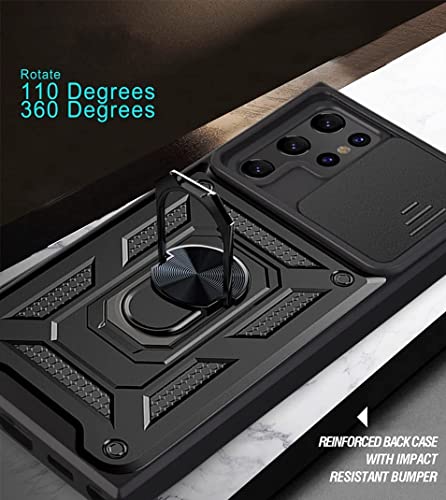 Multipurpose case for Samsung Galaxy S22 Ultra 6.8 inches Case with Slide Lens Cover, Shockproof with Built-in 360° Rotate Kickstand Magnetic Protective Case (Black)