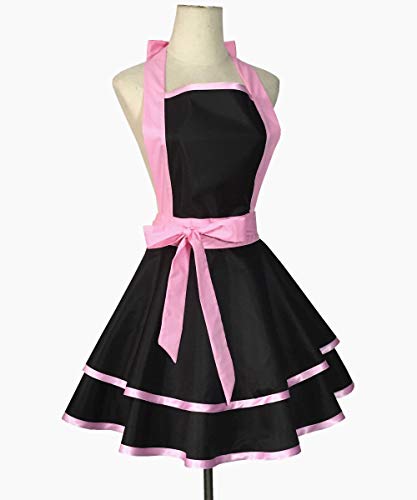 Hyzrz Lovely Handmade Cotton Retro Black Aprons for Women Girls Cake Kitchen Cook Apron for Mother's Gift (Pink)
