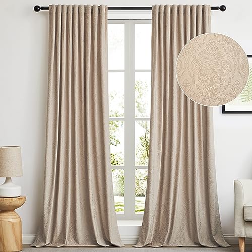 GIGIZAZA Beige Velvet Curtains 84 Inch Long for Living Room,2 Panels Luxury Boho Drapes Flower Embossed Blackout Window Curtain for Living Room Back Tab Thermal for Bedroom