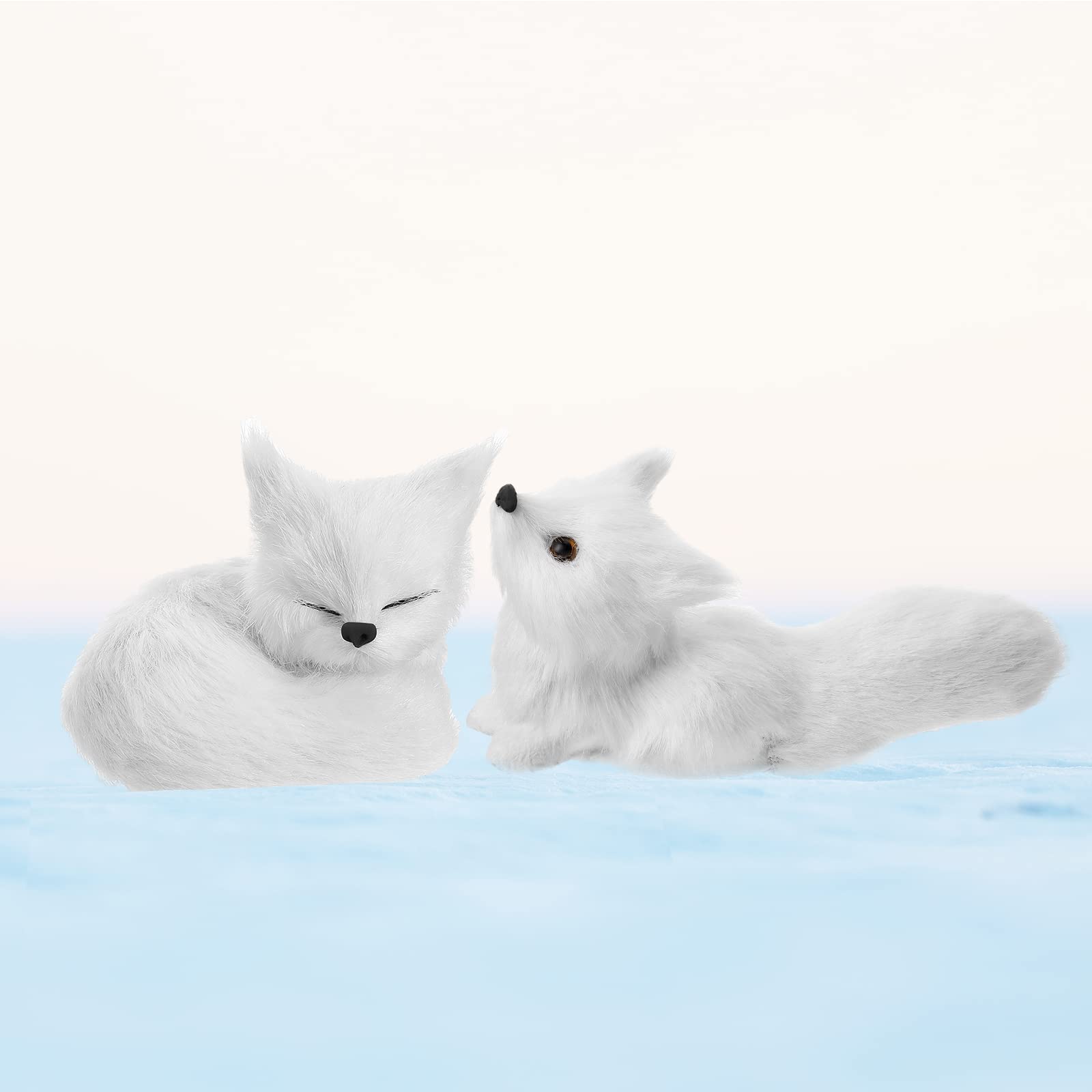 Simulation Fox Toy 2 Piece Fur Fox Model Stuffed Fox Ornament Static Action Figures Fox Squatting Sleeping Plush Mini Fox for Home Office Bag Decoration 5.5 x 2.76 Inch, 3.15 x 2.36 Inch (White)