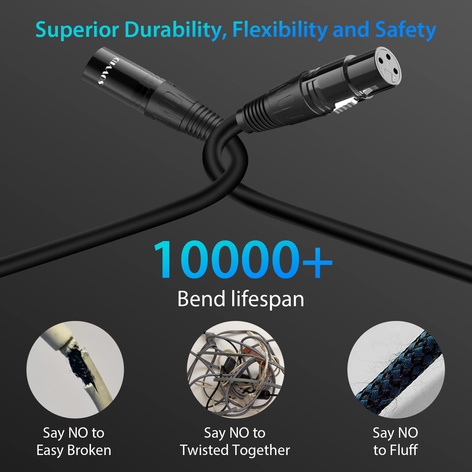 Sovvid 10FT XLR Cable Male to Female Microphone Cable Cord Wire Balanced 3 PIN Mic Cables Cord Compatible with Microphone Studio Harmonizer Mixing Boards Speaker Radio Station or More Black