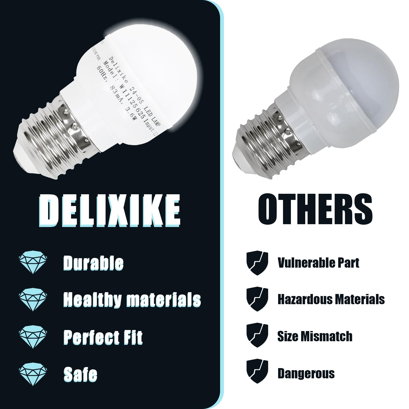 Delixike Refrigerator Accessories W11216993 W11125625 for Whirlpool Refrigerator Light Bulb Replacement AP6329125 4813672, PS12349398, W10820003, W11125625. Freezer Light Bulb White,3.6 Watt
