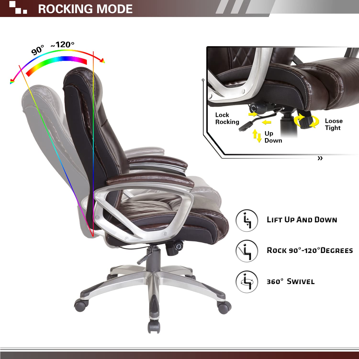 BOWTHY High Back Executive Office Chair 300lbs - Adjustable Built-in Lumbar Support, Ergonomic Leather Computer Desk Chair with Padded Armrest Swivel Chair for Home and Office (Brown)