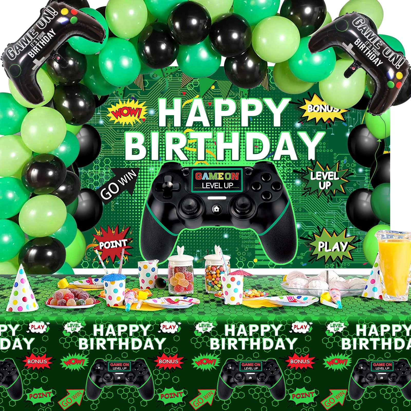 Happy Birthday Game on Level up Green Extra Large Fabric Sign Poster Background Banner 2pcs Waterproof tablecloths and 50pcs Metallic Shiny Latex Balloons for Game Theme Birthday Party Decoration