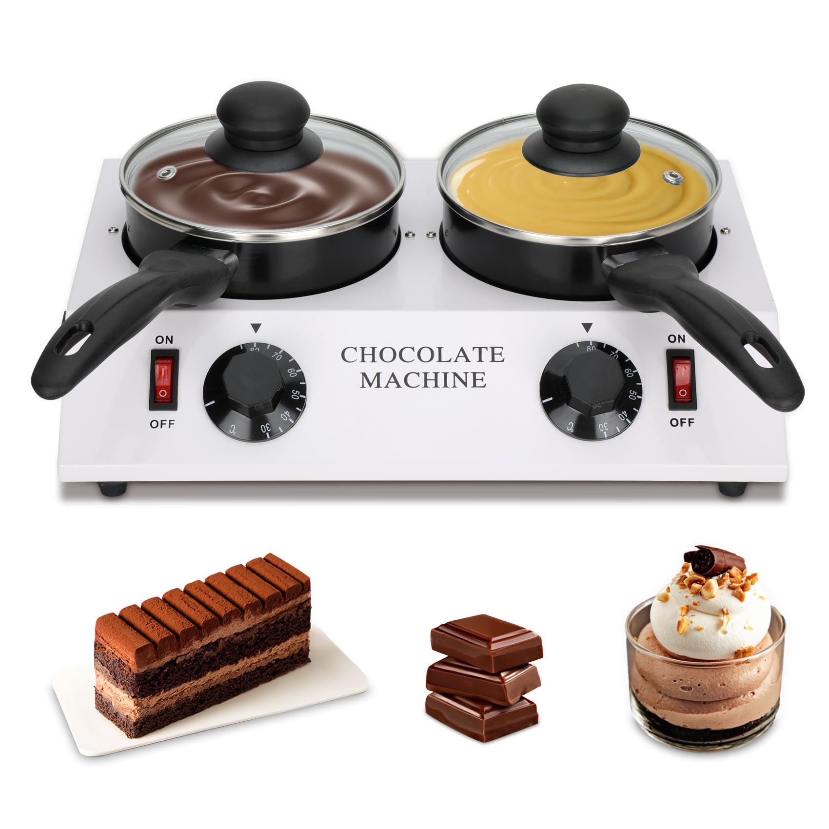 Dual Chocolate Melting Pots with Independent Temperature Controls Chocolate Tempering Machine with Removable Pots for Fast, Precise Melting and Heating of Chocolate, Candy, Butter, Cheese