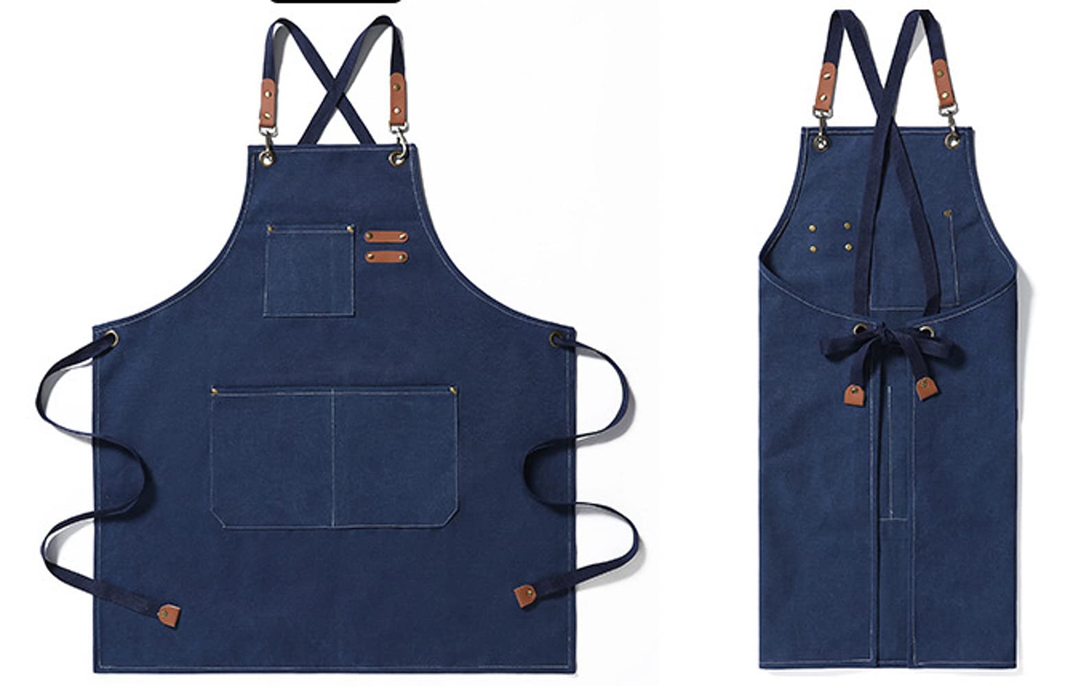 Cotton Canvas Apron Cross Back Apron with Pockets for Women and Men,Kitchen Cooking Baking Bib Apron Chef Apron (Blue)