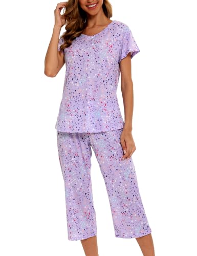 ENJOYNIGHT Women's Cute Sleepwear Tops with Capri Pants Pajama Sets Cotton Pj Set for Women(2X-Large,PU) Purple