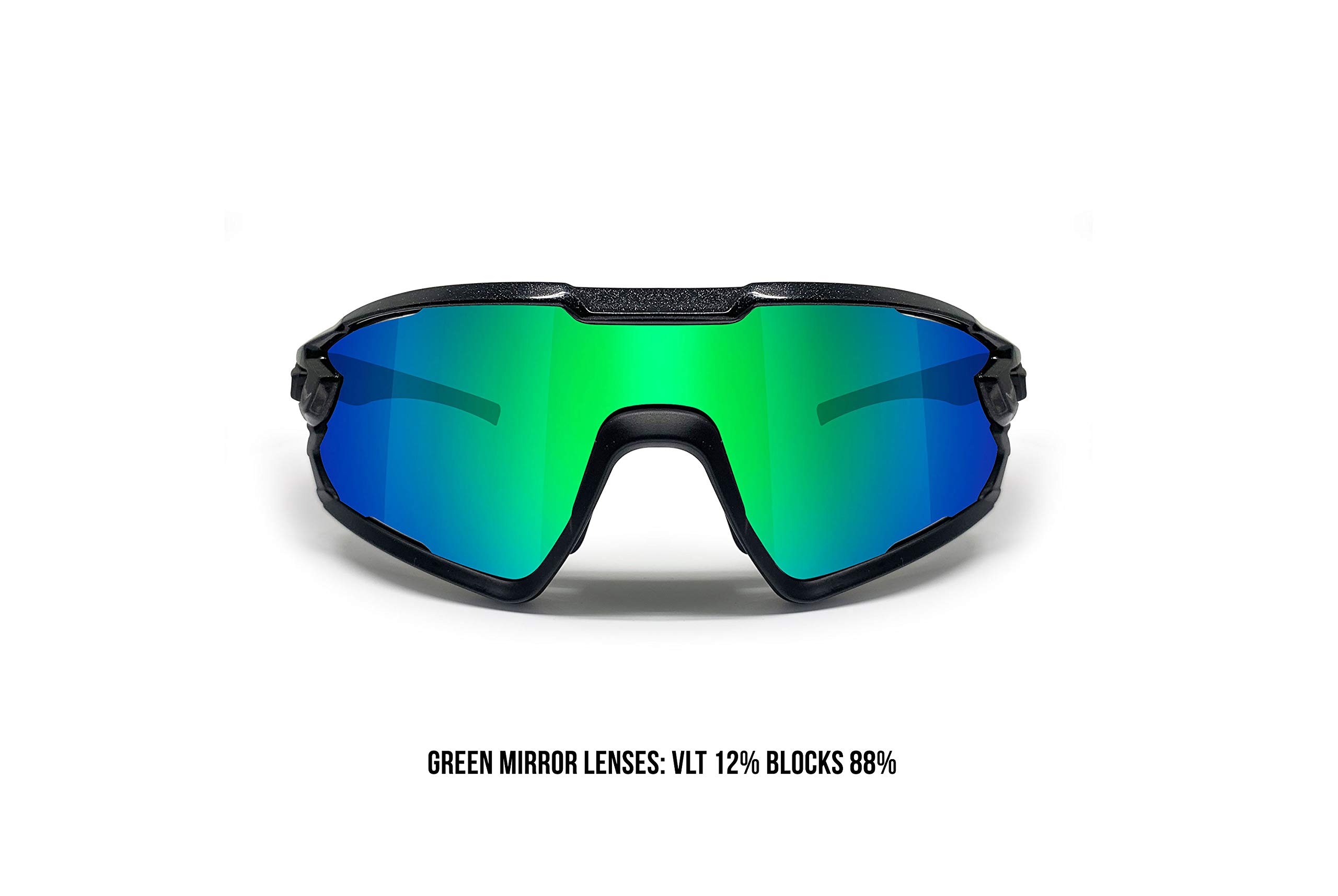 Bertoni Sport Sunglasses Cycling MTB Running Ski Golf Removable Sport Prescription Carrier Included mod. Quasar (Black/Green Mirror)