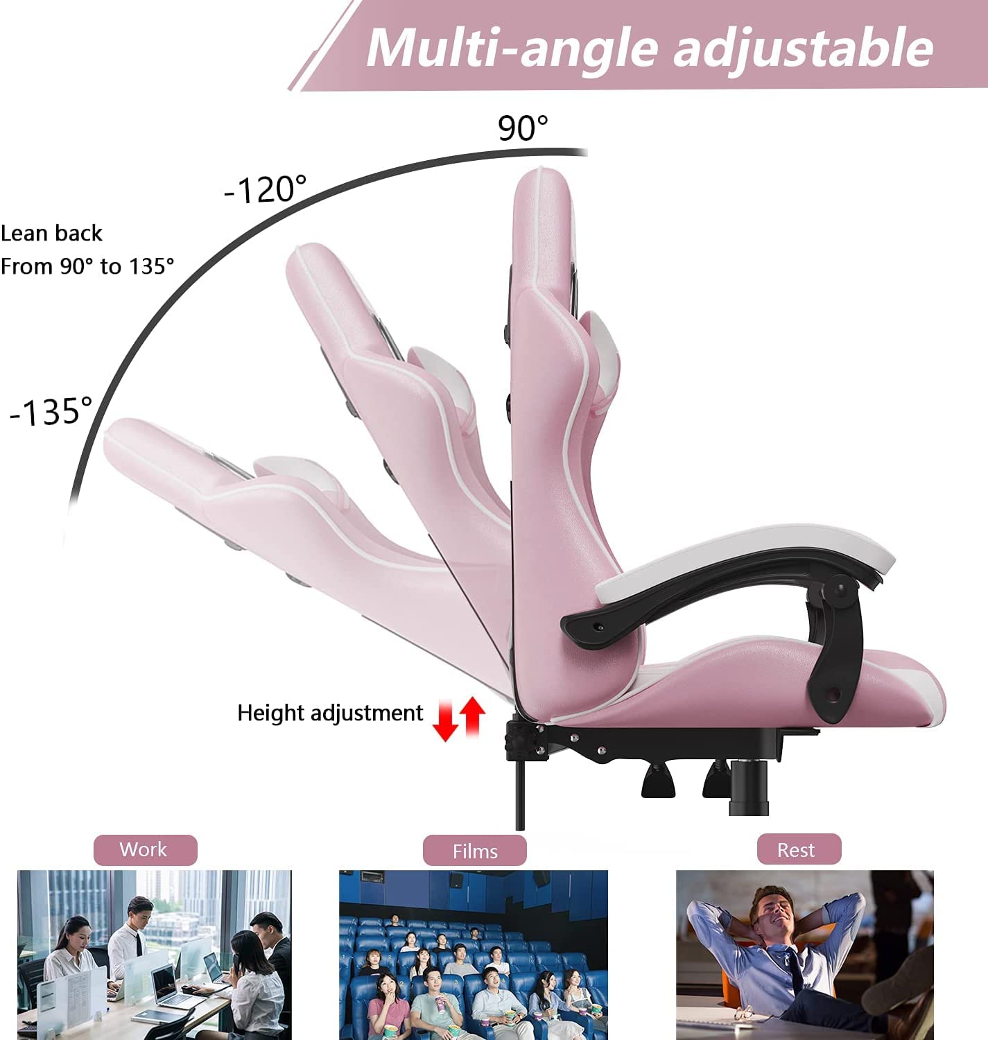 Bigzzia Pink Gaming Chair, Reclining High Back PU Leather Office Desk Chair with Headrest and Lumbar Support, Adjustable Swivel Rolling Video Game Chairs Ergonomic Racing Computer Chair