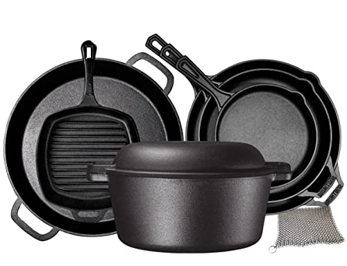 Bruntmor Pre Seasoned Kitchen Utensils Set Durable Cast Iron 8 Pc Bundle Pots And Pans Set Double Dutch Oven, 16" Pizza Pan, 3 Cast Iron Skillets & Square Grill Pan, Frying Pan| Giftable Cookware Set