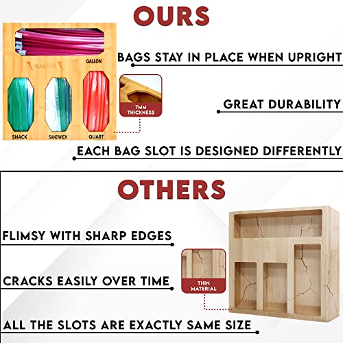 MAKOSS Premium Bamboo Ziploc Bag Storage Organizer & Dispenser Kitchen Wall Drawer- Zip loc Baggie Organizer - Food Storage Plastic Bag Holder of Gallon, Slider Quart, Sandwich, Snack Valentine deals