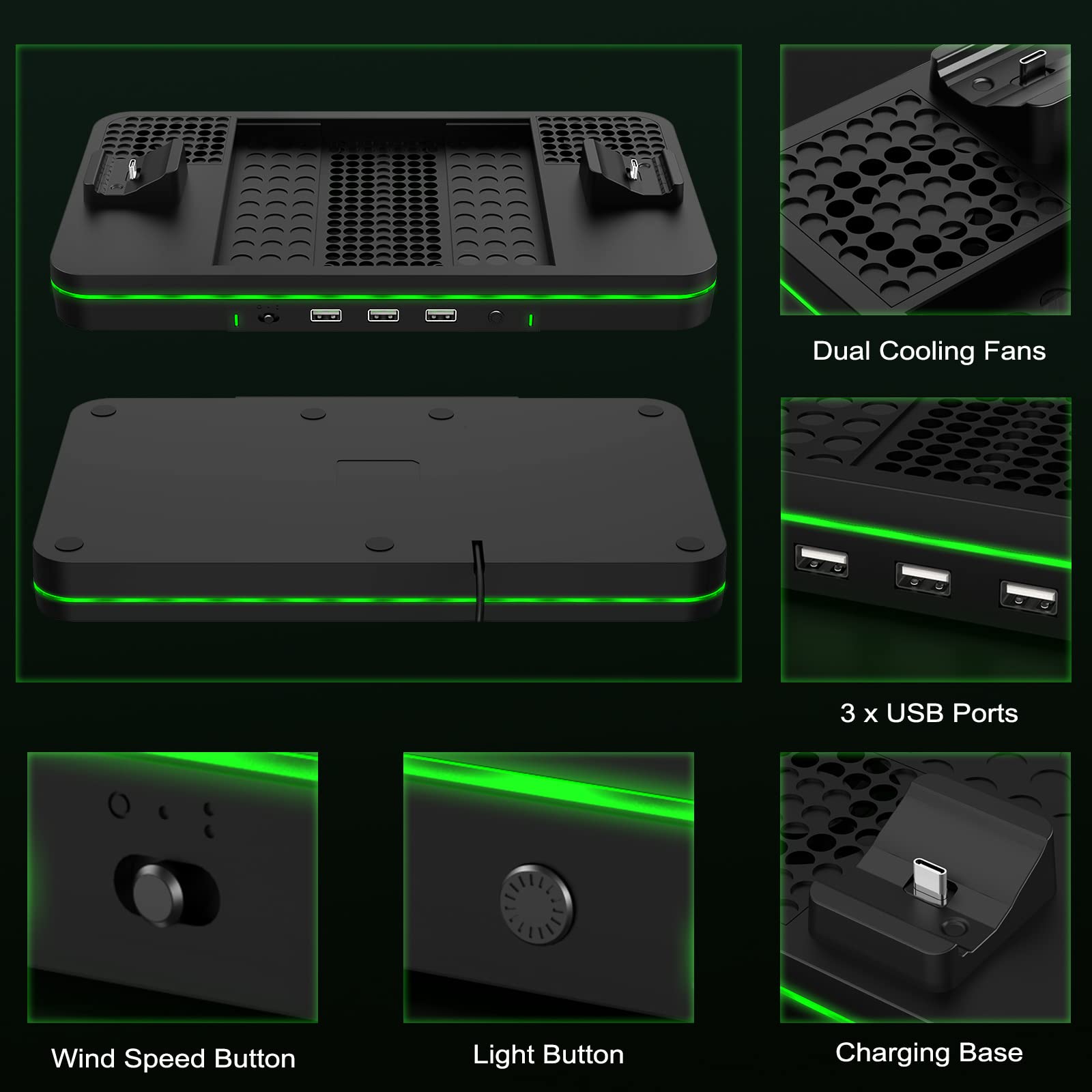 Charging Stand with Cooling Fan for Xbox Series X/S,Upgraded Vertical RGB lED Stand with Dual Controller Fast Charger Station Dock with 3 USB Ports & 7 Color Lights,2 Cooler Fans System Accessories