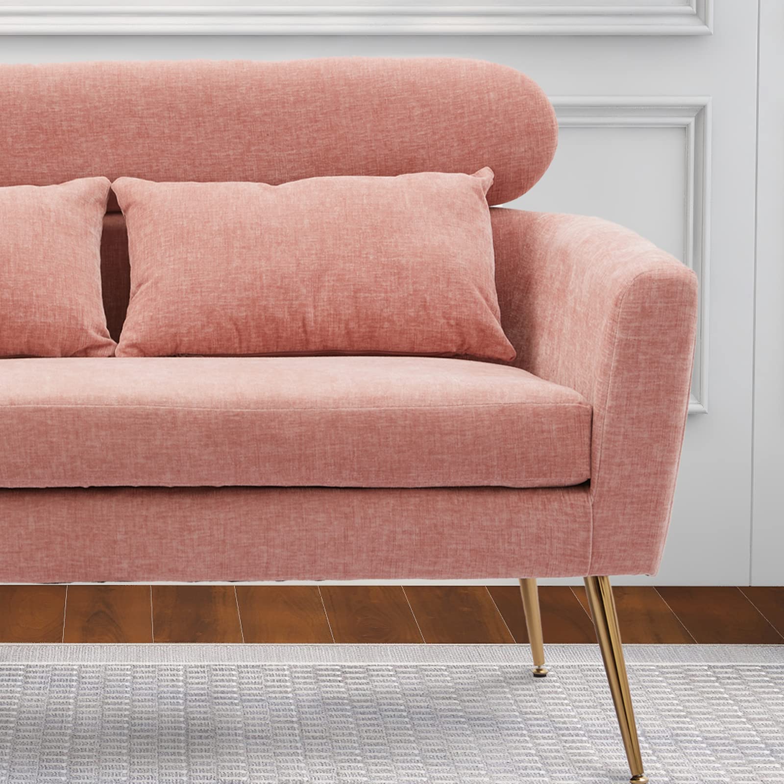 Betoko 51ββ Loveseat Sofa Small Couch Two Seat Mid Century Modern Sofa with 2 Throw Pillows and Gold Metal Legs for Small Space Office Studio Apartments Bedroom, Pink