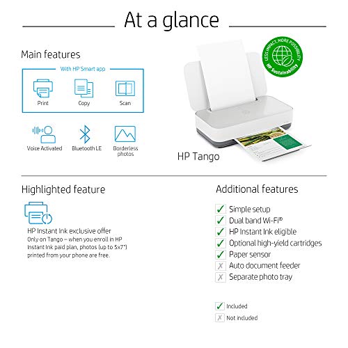 HP Tango Smart Wireless Printer β Mobile Remote Print, Scan, Copy, HP Instant Ink, Works with Alexa(2RY54A),White