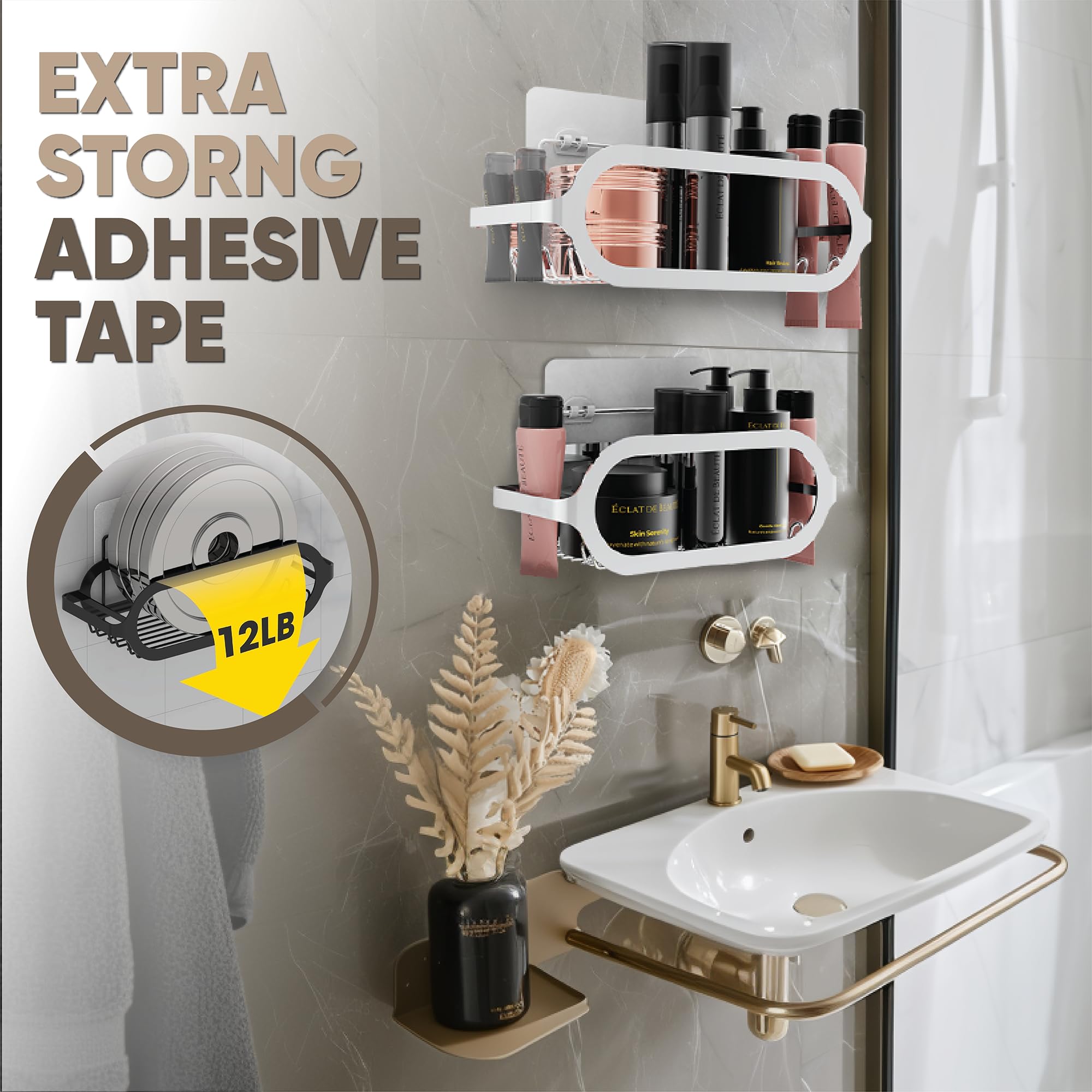D&E Living Co. Modern Shower Shelf Adhesive Bathroom Shower Organizer Stainless Steel Shower Caddy Adhesive, Elegant Rust-Proof Shower Rack, No Drilling Shower Storage, Shower Wall Organizer- Silver