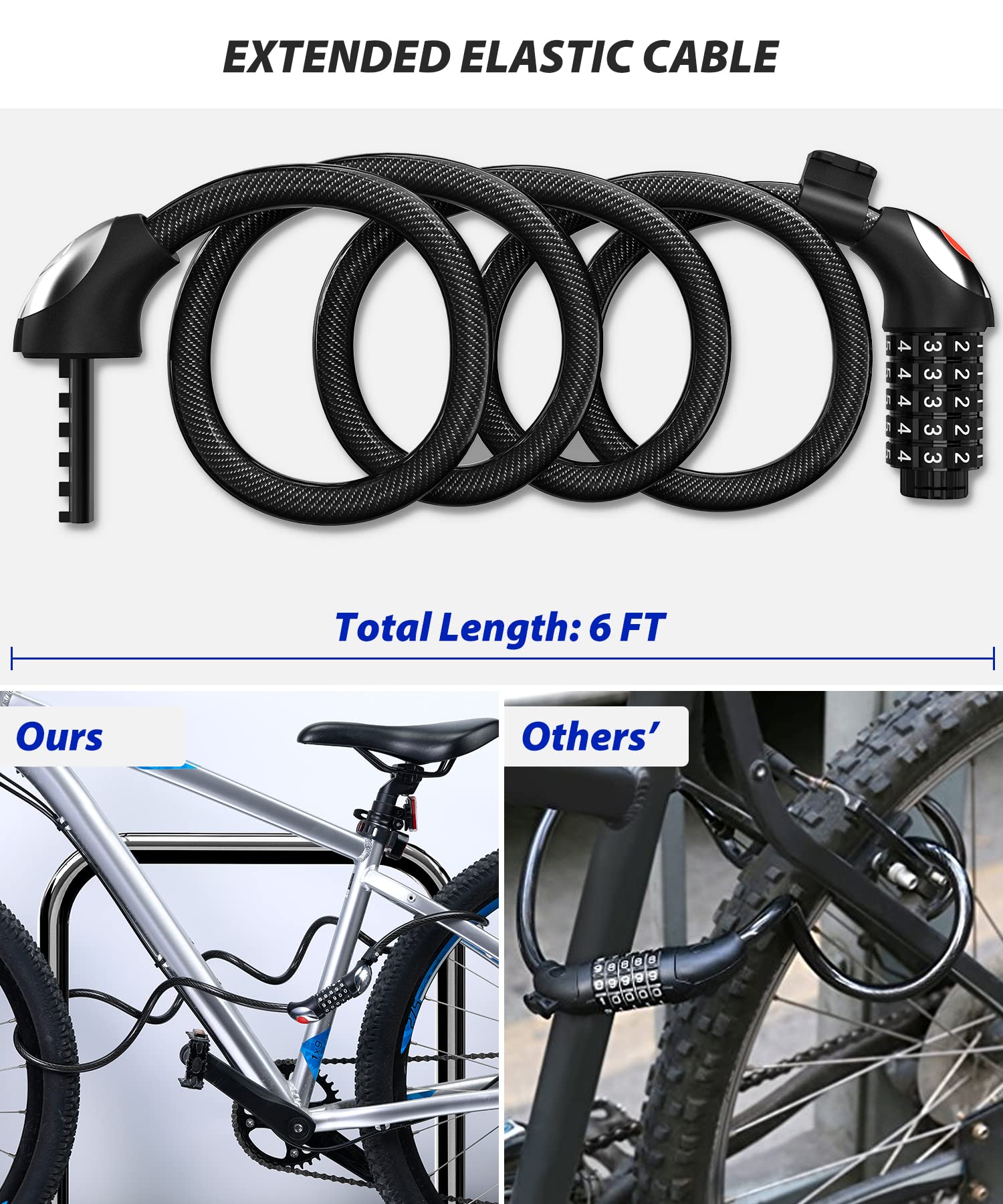 Bike Lock Cable Locks Sportneer - 6 Feet High Security 5-Digit Resettable Bicycle Combination Lock with Light for Night Unlocking, Scooter Lock with Mounting Bracket for Bikes(Thickened Version)