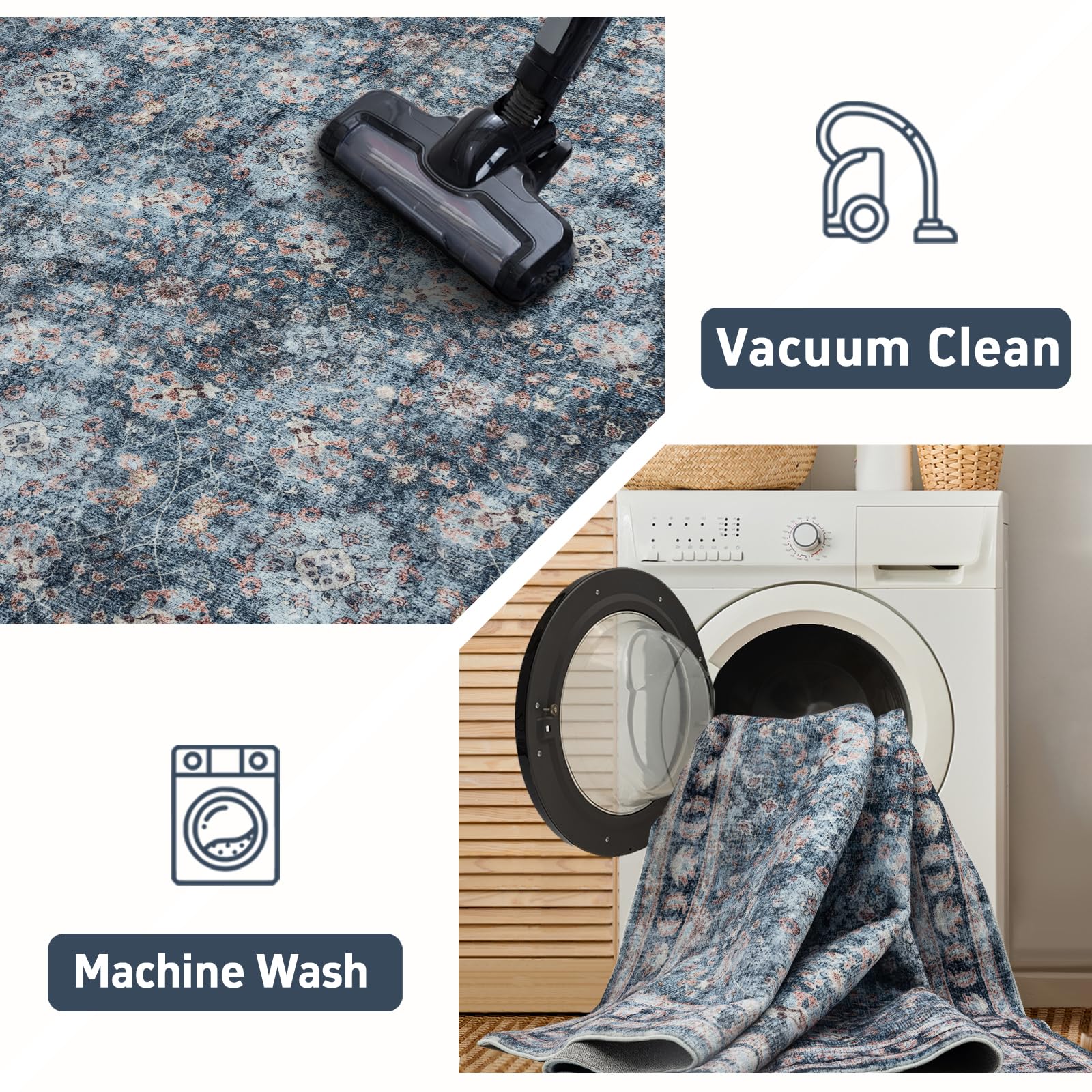 Domitapis Area Rug 9×12, Large Vintage Boho Rug,Ultra-Soft Low Pile, Washable, Non Slip,Stain Resistant, Printed Carpet for Living Room Bedrooms Playroom Office Kitchen,Navy/Floral