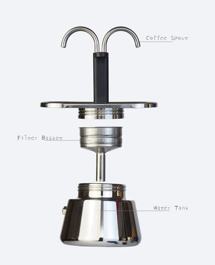 BRV Kitchen Mini 2 Cup Moka Pot - New Generation Great Flavored Italian Style - Delicious Espresso Coffee Maker - Easy to Use & Clean - Stainless Steel Silver