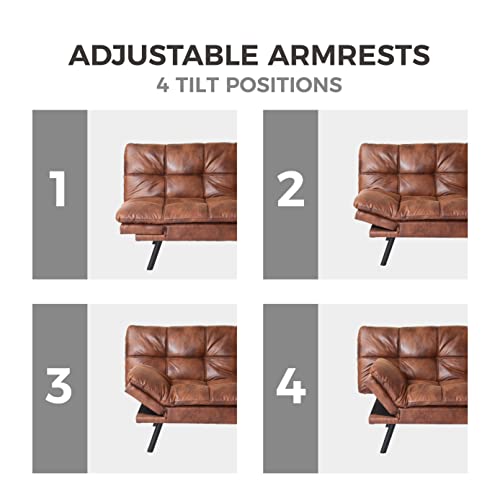 GLANZEND Retro Convertible Futon Sofa, Memory Foam PU Couch Folding Sleeper Bed with Adjustable Armrests, Faux Leather Thicker Cushion for Living Room Apartment Office, Brown