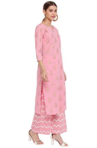 Janasya Women's Pink Foil Printed Cotton Kurta with Palazzo