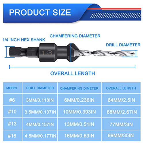 Countersink Drill Bits Set - 1/4 Inch Hex Shank Tapered Drill Bits, Quick Change Wood Woodworking Counter Sinker Drill Bit with Hex Wrench Screw Pilot Hole Drilling Tools for Wood Plastic,4Pcs
