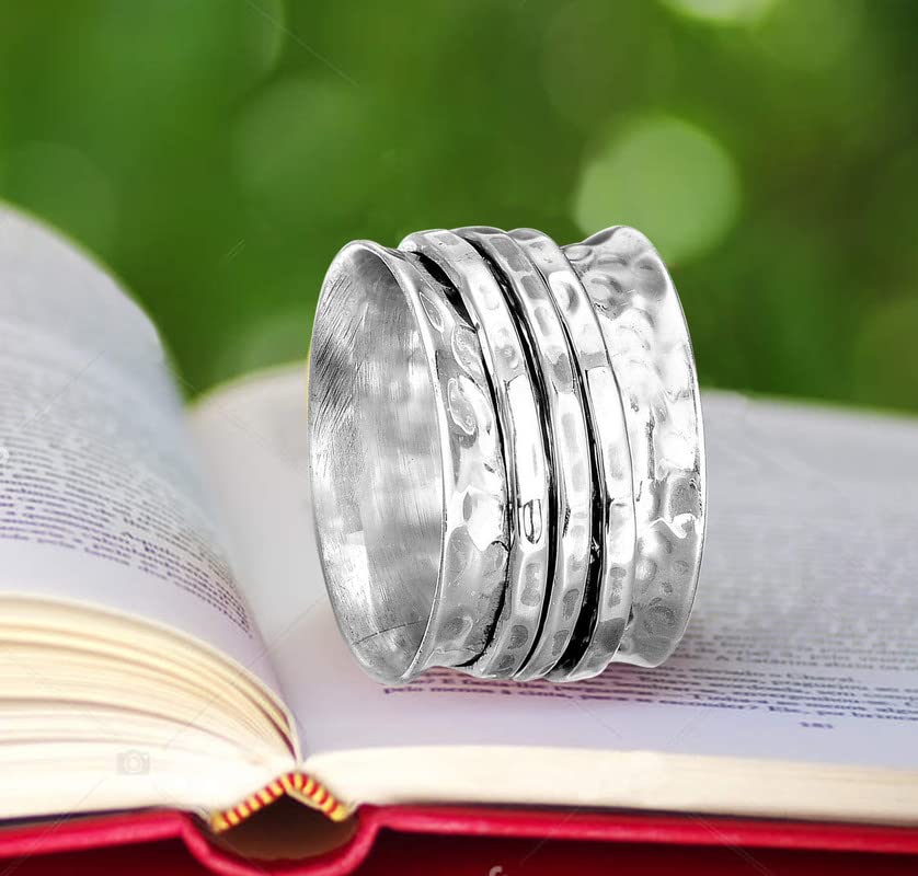 Spinner Ring Silver For Women Girls, 925 Sterling Silver Spinner Ring, Spin Ring, Three Tone Fidget Band Spinner Ring, Classic Hammered Meditaion Spinner Ring, Christmas Spinner Ring Size us 12