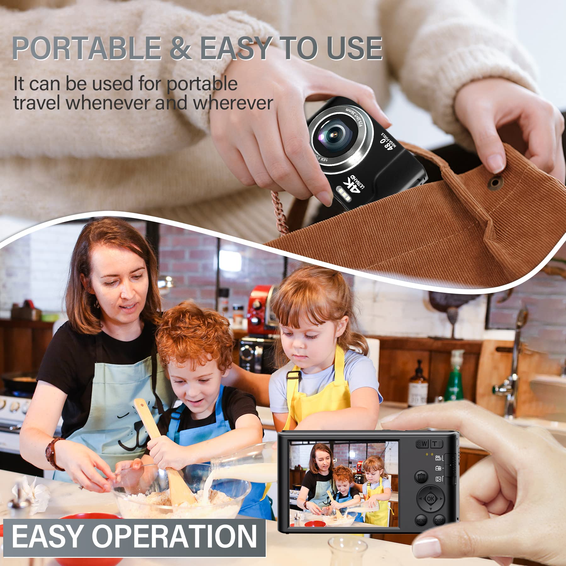 Digital Cameras for Photography 2.7K Vlogging Camera for YouTube, 44MP 16X Digital Zoom Point and Shoot Camera for Kids, Beginners, Include 32GB SD Card & 2 Rechargeable Batteries by Saneen -Black