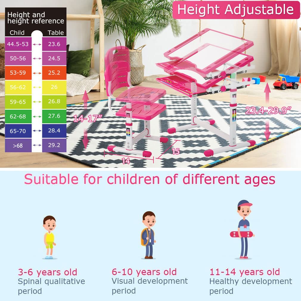 FDW Kids Desk Children Writing Student Desk Drafting Table Height Adjustable Study Table and Chair with Drawers Storage,Pink